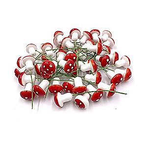 Aliotech 50 Pieces Mini Mushroom Miniatures Artificial Garden Fairy Bonsai Plant Pot Resin Craft Decoration for Home DIY Micro Landscape Decor (Red)