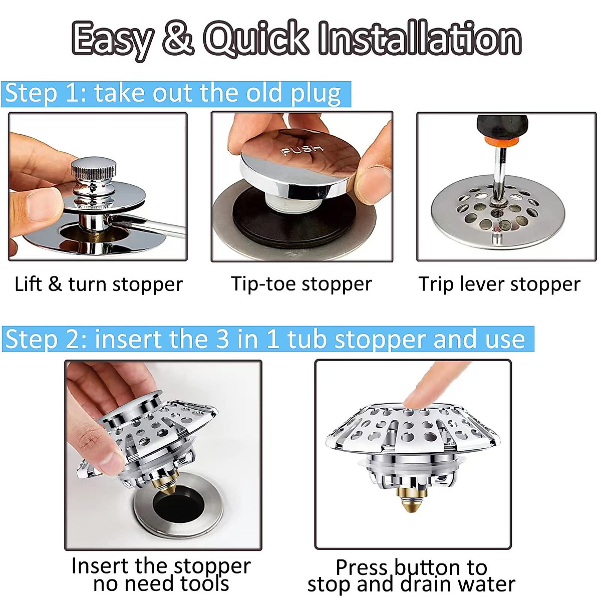 AzWzz Universal Tub Stopper Bathtub Drain Plug, Pop Up Tub Drain Hair Catcher, Drain Cover with Strainer, for 1-3/8 to 2in Bath Drain Hole