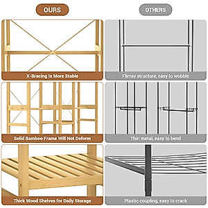 Homykic Bamboo Closet System Clothes Rack, Large Freestanding Garment Rack Clothing Rack for Hanging Clothes with 7 Storage Shelves and 5 Rods, Open Wardrobe Organizer with 4 Hooks, Natural