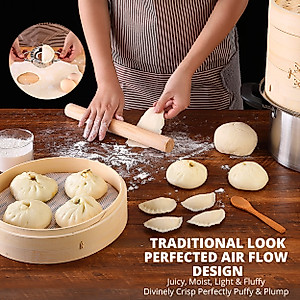 KITCHENCRUST Bamboo Steamer Basket for Chinese Asian Cuisine - 2 Tier 10-Inch Steaming Basket Bun Vegetable Steamer, Dumpling Steamer bamboo steam basket, Sauce Dish, Chopsticks, Reusable Liners, Ring