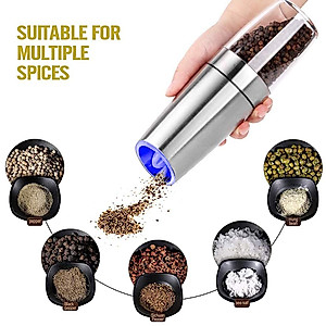 AVNICUD Electric Salt and Pepper Grinder, Automatic Pepper Mill, Gravity Salt Grinder, Battery-Operated with Adjustable Coarseness, LED Light, One Hand Operated (Silver 2Pack)