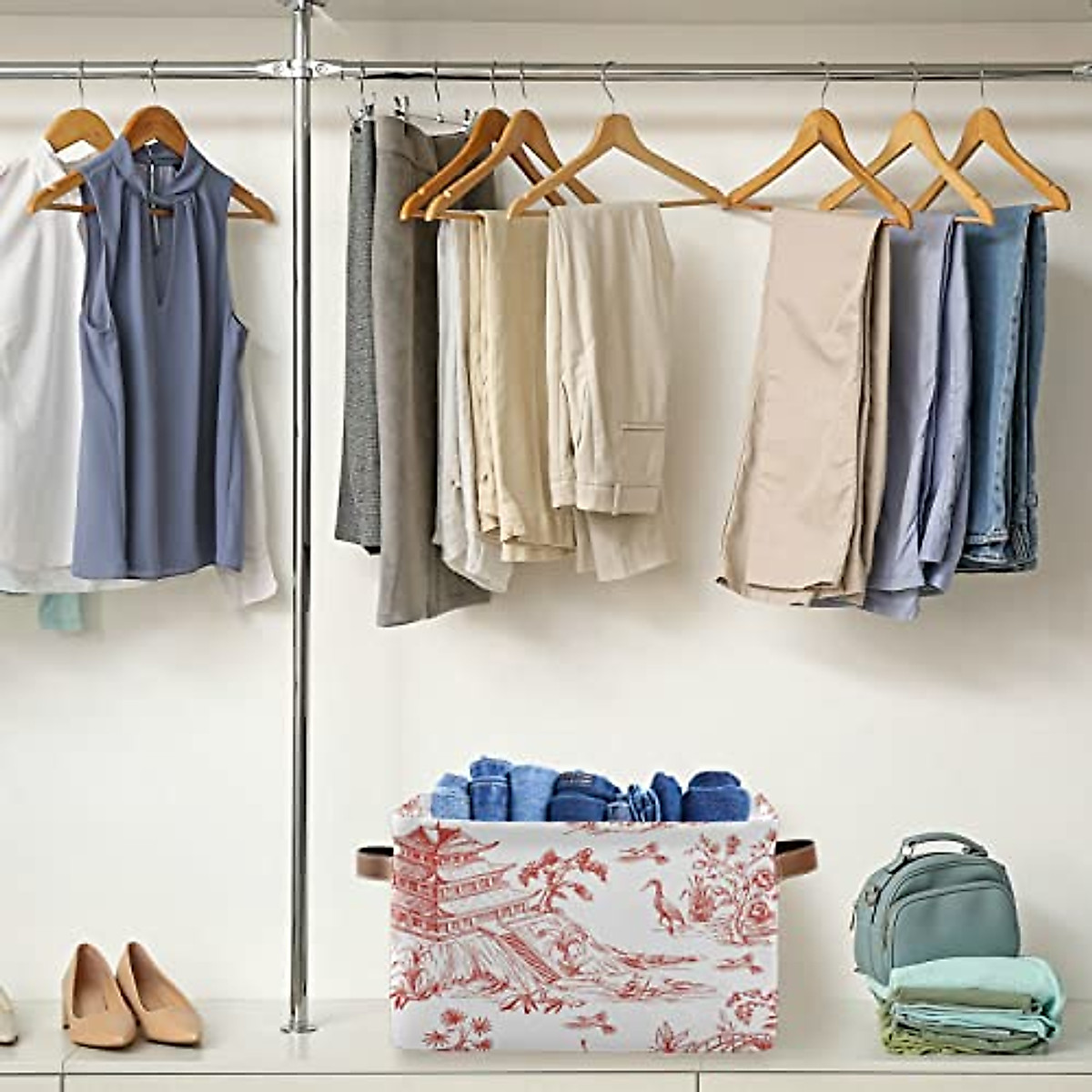 Kigai 2 Pack Storage Basket Chinoiserie Style Foldable Storage Box Laundry Hamper with Handle Toy Storage Bin for Home Closet Office Shelf