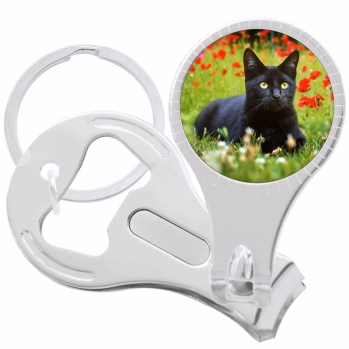 Black Cat and Flowers Nail Clippers Plus Bottle Opener Keychain