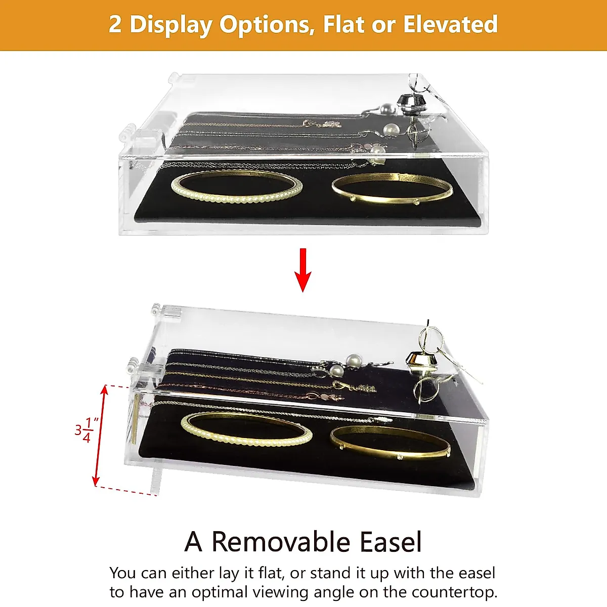 MOOCA Acrylic Rectangular Marketing Holder Locking Security Showcase Safe Box Display Tray, Perfect for Watches Jewelry, Knives, Eyewear with a Key and a Black Padding