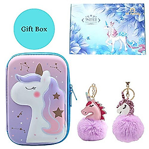 HH Family Llama Unicorn Pencil Case for Girls Hardtop Zipper Pouch with Compartments and 2 Pcs Fur Ball Key Chains (Cute Unicorn D)