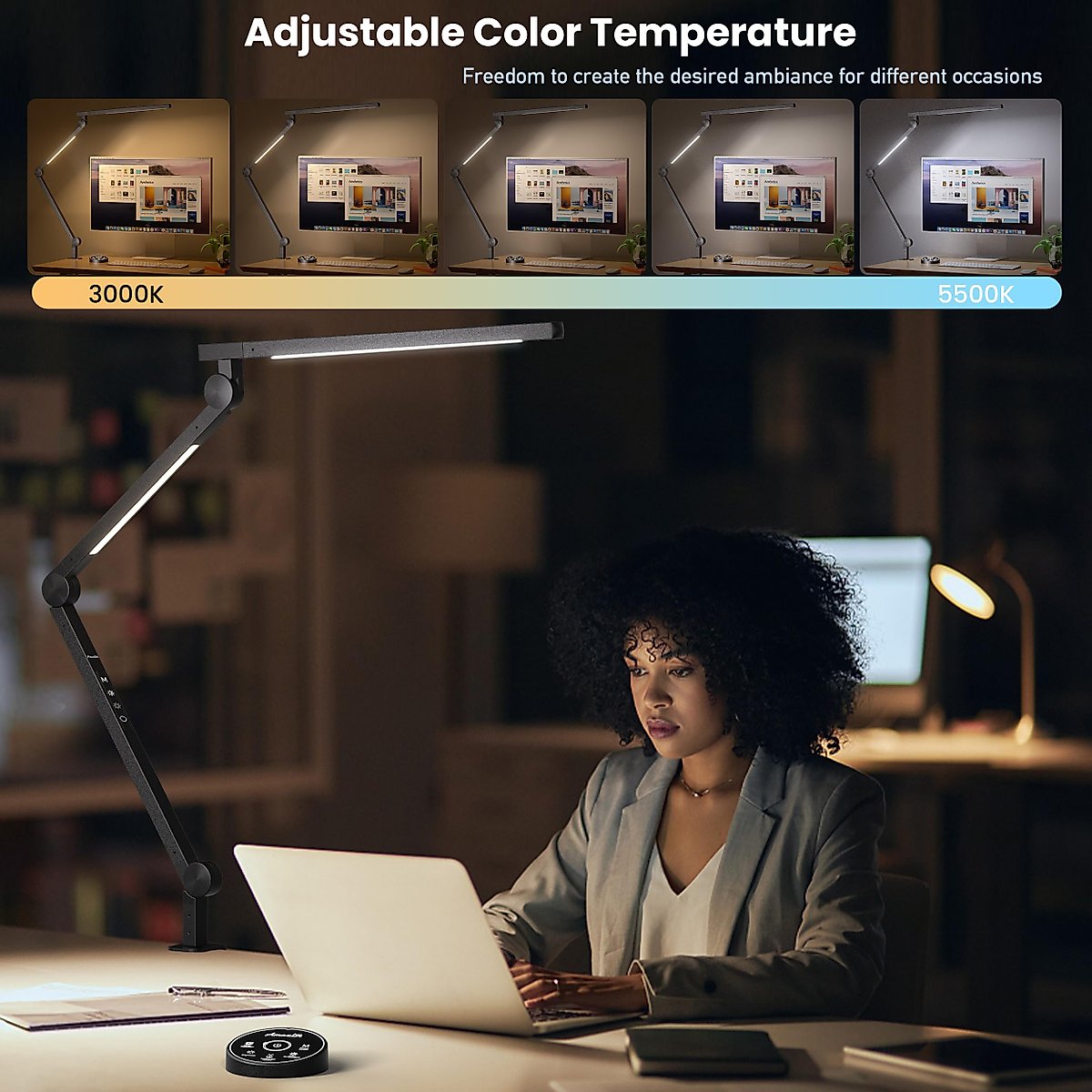 AmazLit Desk Lamp, Desk Light with Clamp, Stepless Dimming & Adjustable Color Temperature Modern Eye-Caring Architect Lamp with Memory & Timing Function for Study, Work, Home, Office, 15W