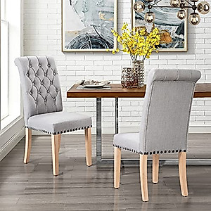 FOREDO Classic Collection Linen Dining Chairs Set of 2, Solid Wood Legs Copper Nails Chair, Light Grey