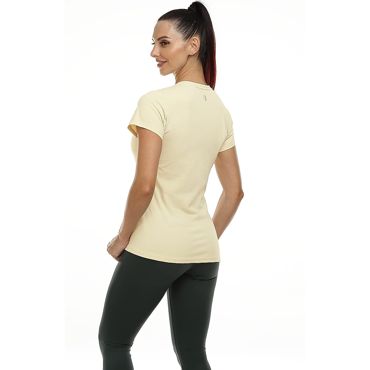 icyzone Workout Shirts Yoga Tops Activewear V-Neck T-Shirts for Women Running Fitness Sports Short Sleeve Tees (Black/Cream White/Brick, XL)