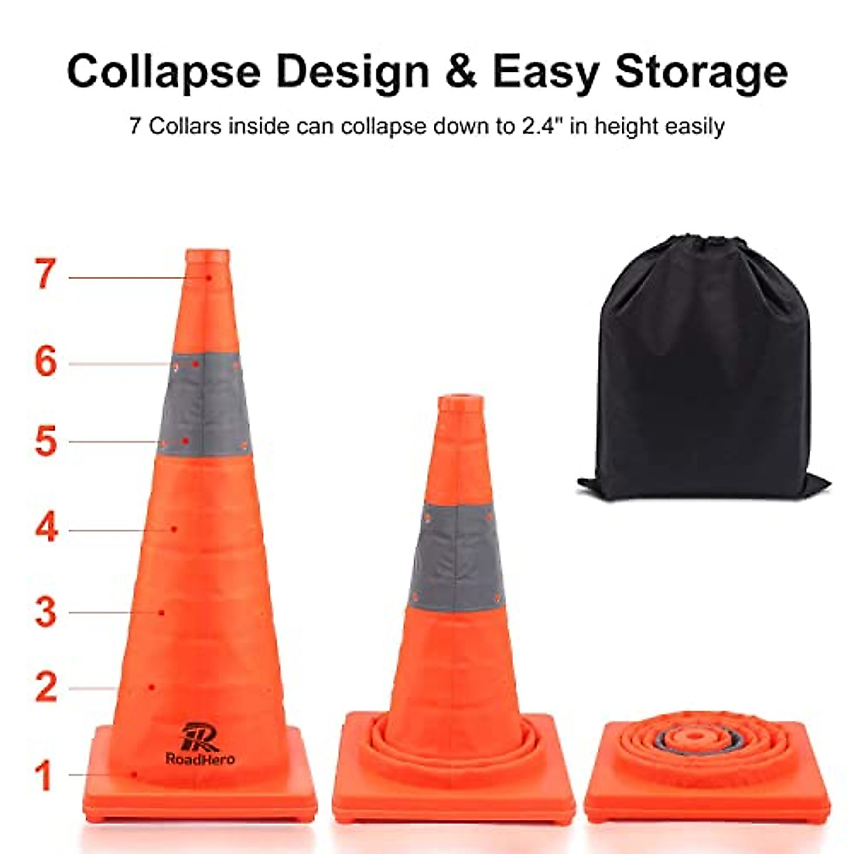 RoadHero 28 Inch [2 Pack] Collapsible Traffic Safety Cones, Multi Purpose Pop-up Cones with Reflective Collar for Road Safety, Orange Cones with LED Light for Driving Training, Parking Lots