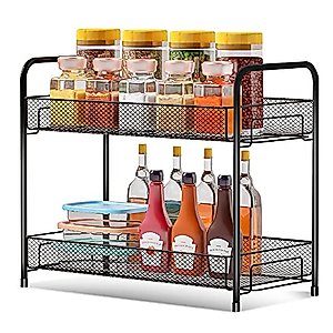 Spice Rack Organizer for Countertop,Xpatee 2-Tier Foldable Metal Rust-Proof Standing Large Seasoning Storage Shelf with Guardrail and Mesh Design for Kitchen Cabinet Bathroom Makeup Living Room Pantry Office, Black