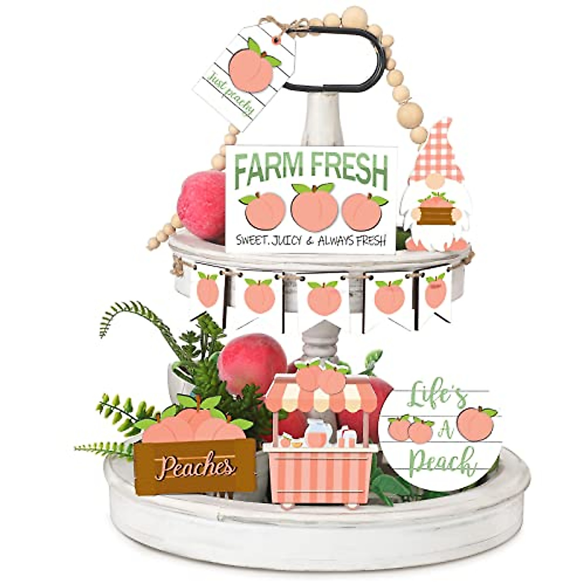 Yalikop 11 Pieces Lemon Peach Pumpkin Tiered Tray Decor Set Gnome Fresh Lemonade Wooden Wood Blocks Standing Sign Decorations for Layered Pallets Summer Autumn (Peach Style)
