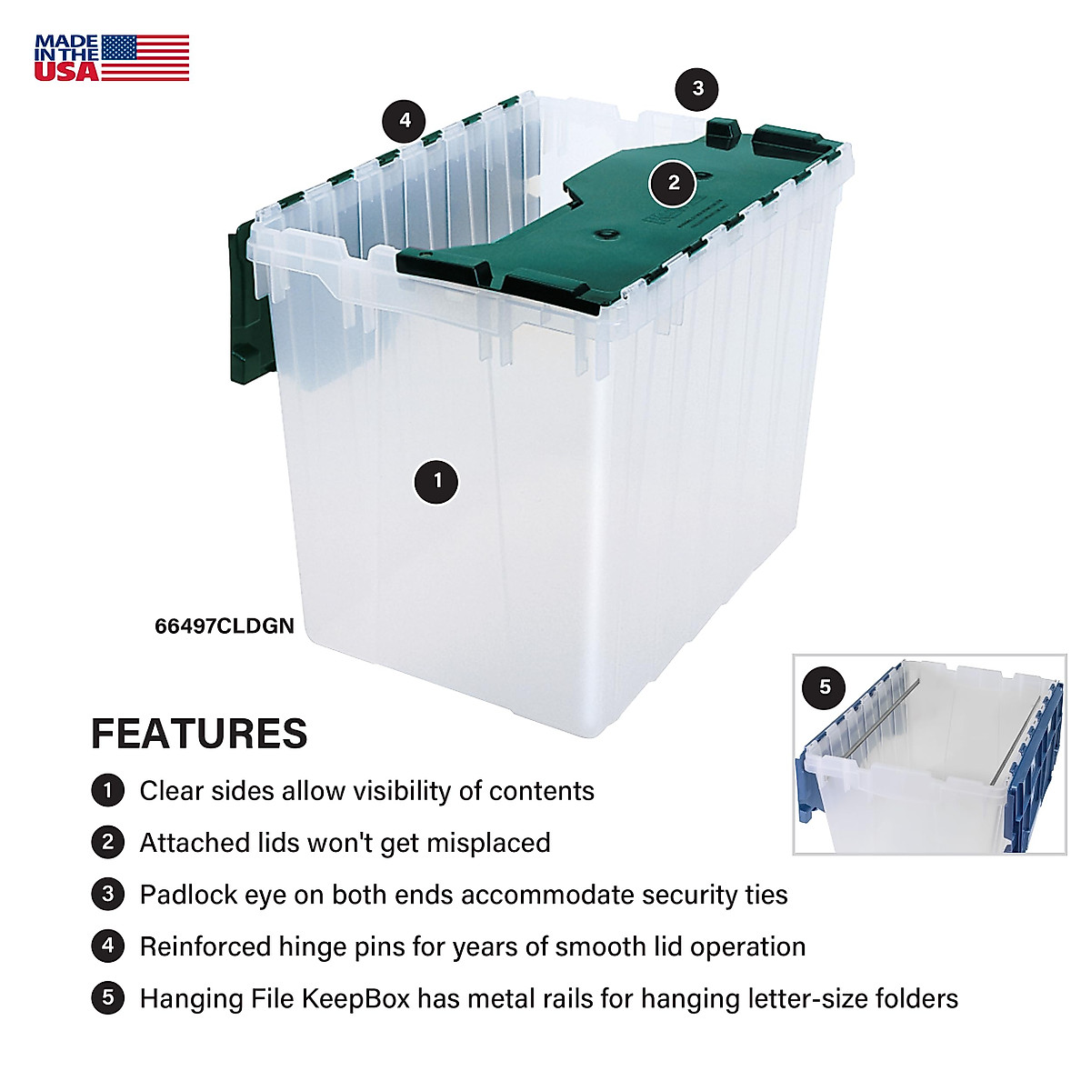 Akro-Mils 66497 18 Gallon Plastic Stackable Storage KeepBox Tote Container with Hinged Attached Lid, 21-Inch L x 15-Inch W x 17-Inch H, Clear/Green