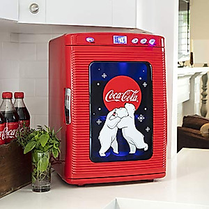 Coca-Cola Polar Bear 28 Can Cooler/Warmer w/ 12V DC and 110V AC Cords, 25L (28 qt) Portable Mini Fridge w/Display Window, Travel Refrigerator for Snacks Lunch Drinks, Desk Home Office Dorm, Red