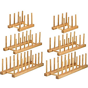 Lawei Set of 6 Bamboo Dish Rack - 3/6/8 Slots Wooden Plate Rack Stand Pot Lid Holder Dish Drying Rack for Dish, Bowl, Cup, Cutting Board and More