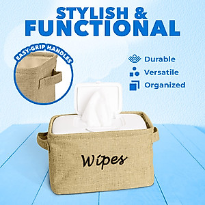 Dejaroo - Baskets for Organizing Wipes and Newborn Essentials, Diaper and Wipes Organizer, Embroidered Baby Shower Gifts for Moms, Linen Basket with Handle, 9 x 6 x 5.5 Inches, Natural