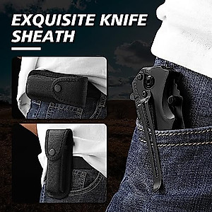 IKORES Pocket Knife for Men, 4 inch Multitool Folding Knife with Nylon Sheath and Pocket Clip, Bottle Opener, Glass Breaker, Seatbelt Cutter and Wrench, Black