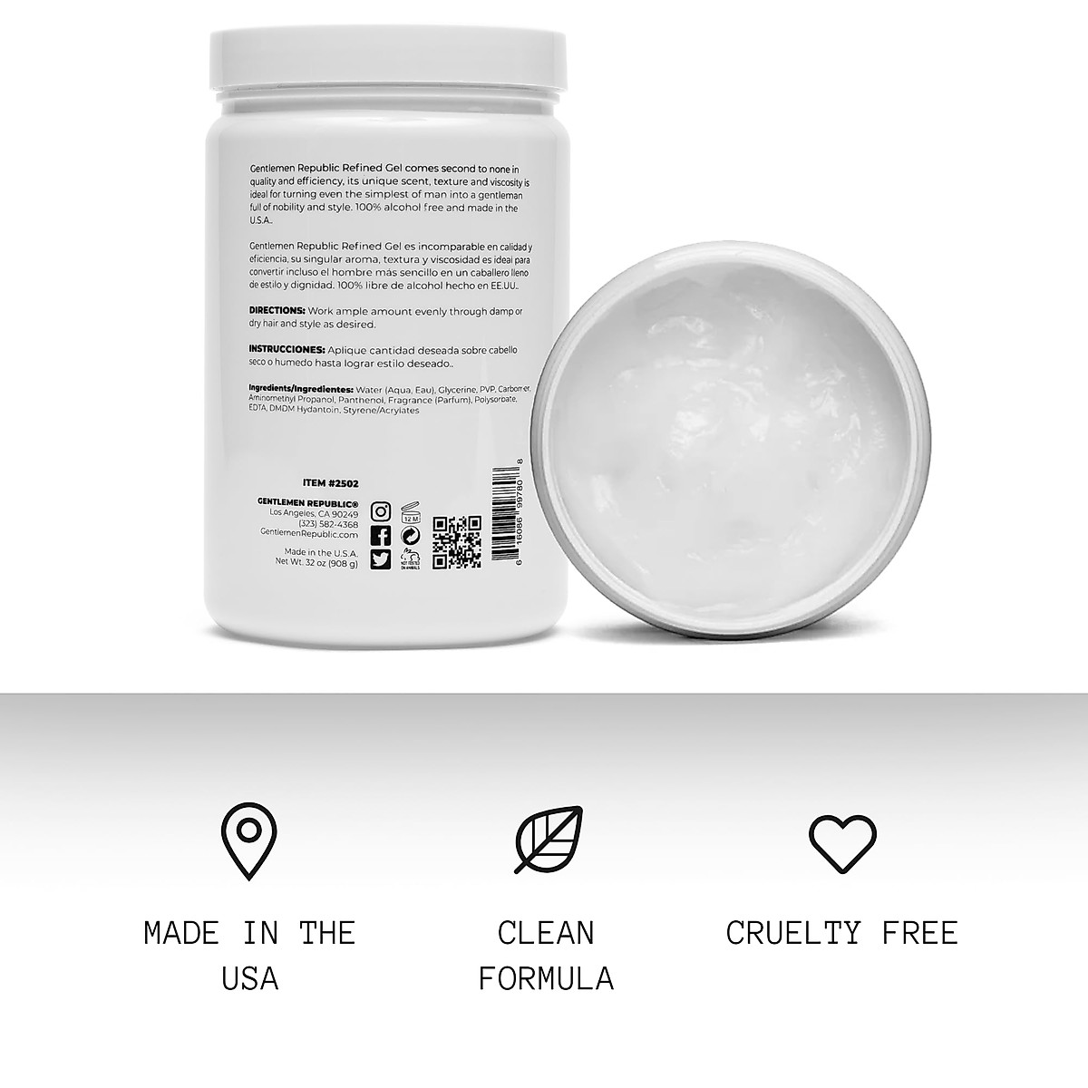 Gentlemen Republic 32oz Refined Hair Gel - Professional Formula for 24 Hour Shine and Hold, Humidity Resistant, 100% Alcohol-Free and Never Flakes, Made in the USA - With Pump