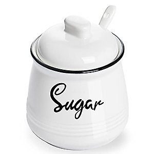 HAOTOP Farmhouse Porcelain Sugar Bowl with Lid and Spoon 12oz,Easy to Clean (White)