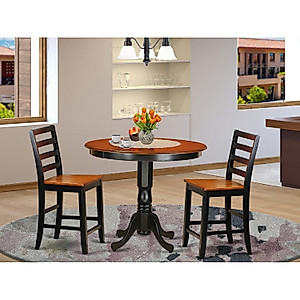 East West Furniture TRFA3-BLK-W 3 Piece Counter Height Dining Set for Small Spaces Contains a Round Dining Room Table and 2 Wooden Seat Chairs, 42x42 Inch, Black & Cherry
