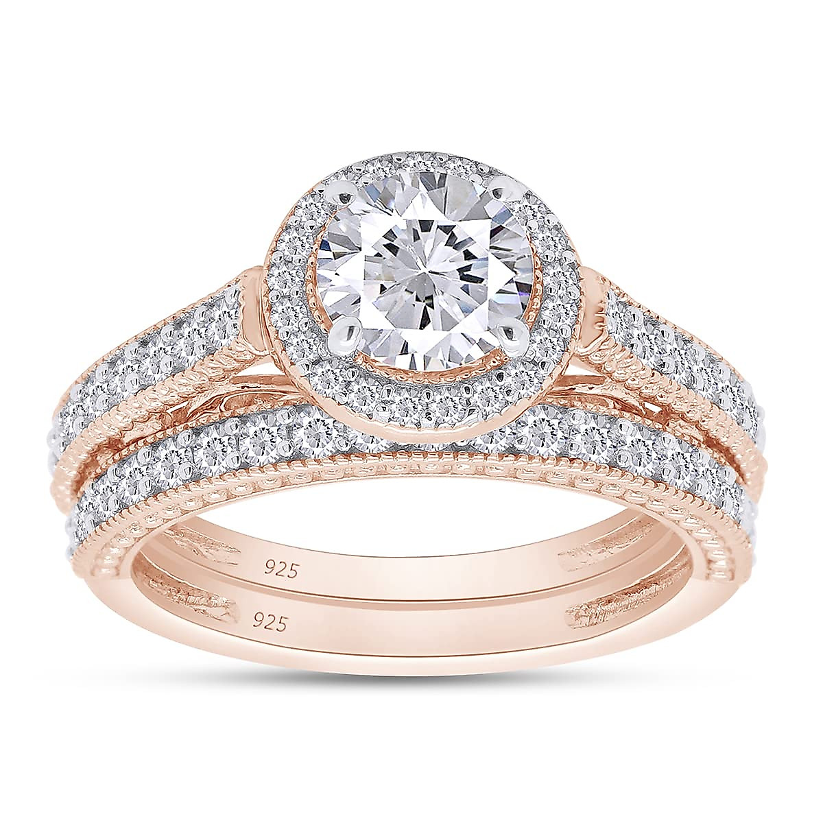 SAVEARTH DIAMONDS 1 1/4 Carat Round Cut Lab Created Moissanite Diamond Halo Bridal Set Engagement Ring In 14k Rose Gold Plated 925 Sterling Silver (G-H Color, 1.25 Cttw) Ring Size-8