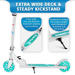 BELEEV V1 Scooters for Kids, 2 Wheel Folding Kick Scooter for Girls Boys, 3 Adjustable Height, Light Up Wheels, Lightweight Push Scooter with Kickstand for Children Ages 3-12 (Aqua)