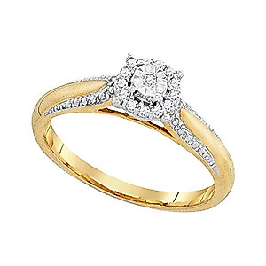 Size 7-10K Yellow Two Tone Gold Round Diamond Halo Circle Engagement Ring - Prong Set Solitaire Center Setting Shape (1/10 cttw.)