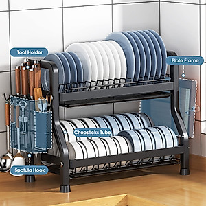 jiajunly 2 in 1 Kitchen Dish Drying Rack, Stainless Steel Large Capacity Dishrack, Multifunctional Rustproof Dish Drainer, 2-Tier Dish Rack for Kitchen Counter with Drainboard, Black