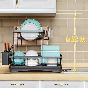 7 code Large Dish Drying Rack,2-Tier Dish Racks for Kitchen Counter,Detachable Large Capacity Dish Drainer Organizer with Utensil Holder, Dish Drying Rack with Drain Board ,Black