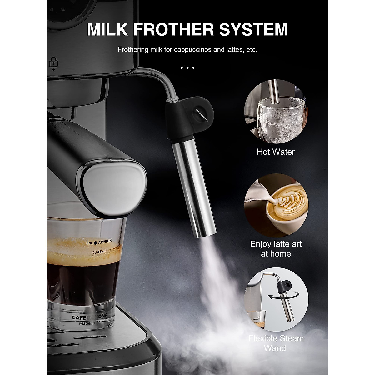 Yabano Espresso Machine, 15 Bar Fast Heating Espresso Coffee machine with Milk Frother Wand for Cappuccino, Large Water Tank, 1350W Automatic Espresso Latte Maker for Home