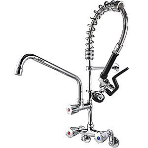 MS 4-8 Inch Adjustable Center Wall Mount 25'' Height Commercial Kitchen Sink Faucet Brass Mini Pre Rinse Unit with Spray Valve and 12 inch Add on Spout (6814P)