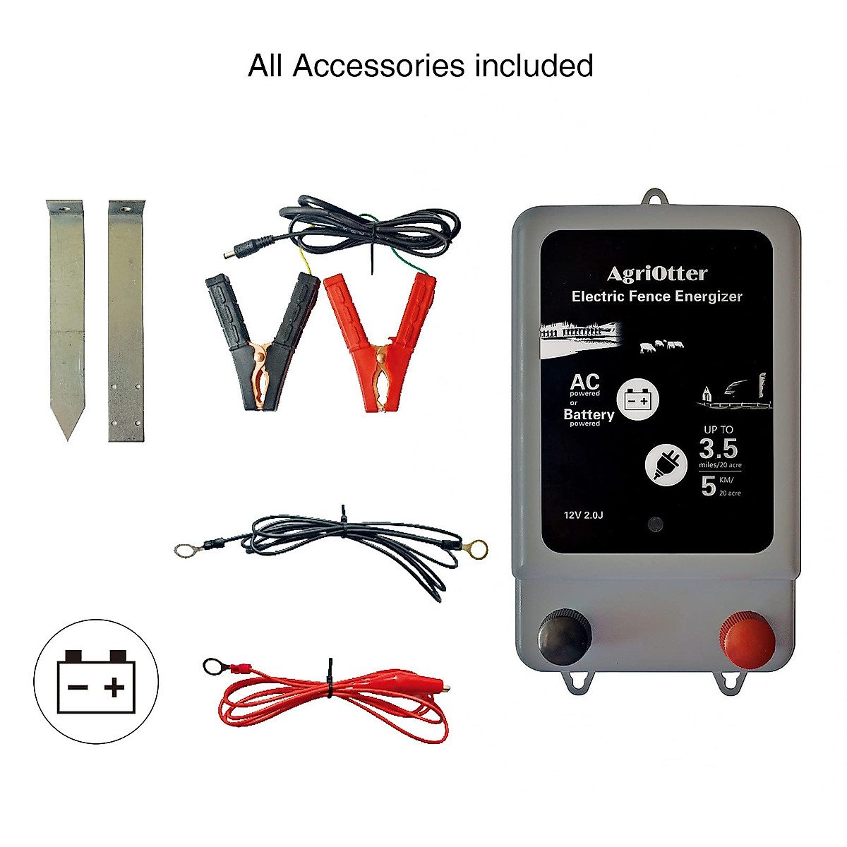 AgriOtter Electric Fence Energizer 20 Acre 2 in 1 Powered by Battery or AC Outlet 10000V 2J Pulse Electric