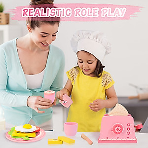 Wooden Pop-Up Toaster Playset, 14pcs Kitchen Toys with Bread Butter Knife Cheese Vegetable Tomato Milk Yogurt Fried Egg, Play Kitchen Accessories for Boys Girls Age 3-6