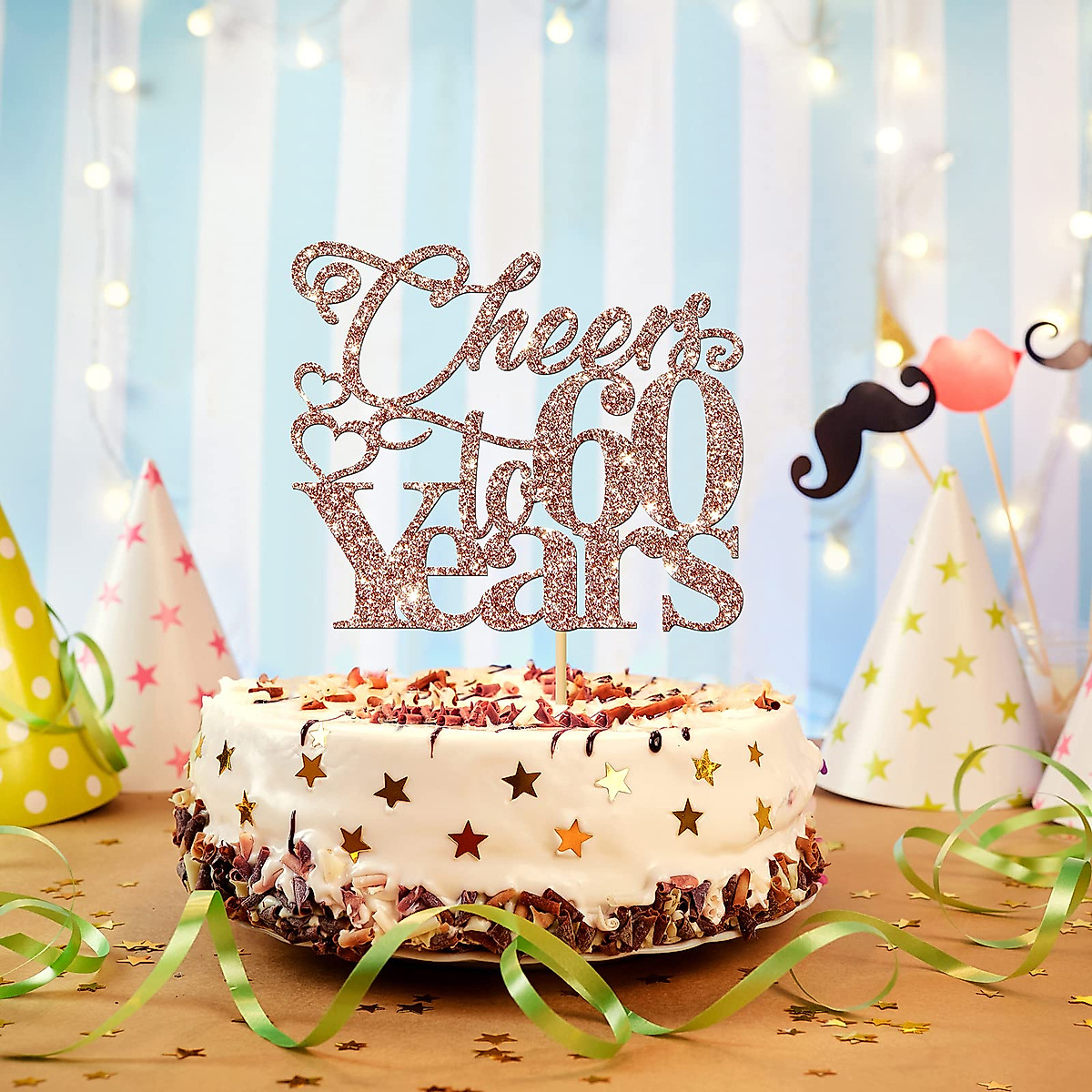 WeBenison Cheers to 60 Years Cake Topper/Happy 60th Birthday Cake Decorations/Happy 60th Anniversary Party Supplies Rose Gold Glitter