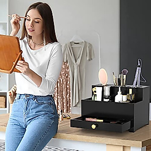 Bathroom Hair Tool Organizer Storage, Black Hair Dryer Curling Iron Holder with Drawer, Skin Care Organizer for Dresser, Vanity Caddy Countertop Organizer Stand for Makeup Brush, Perfume - with 3 Cups