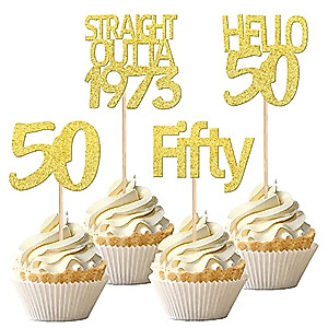 36PCS Happy 50th Birthday Cupcake Toppers Gold Glitter Fifty Hello 50 Straight Outta 1973 Cupcake Picks for Cheers to 50 Years Birthday Wedding Anniversary Party Cake Decorations Supplies
