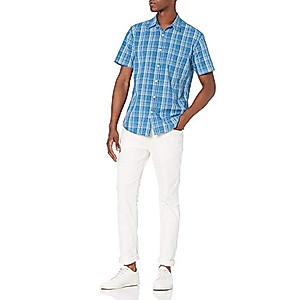 Amazon Essentials Men's Regular-Fit Short-Sleeve Poplin Shirt, Aqua Blue Checked, Large