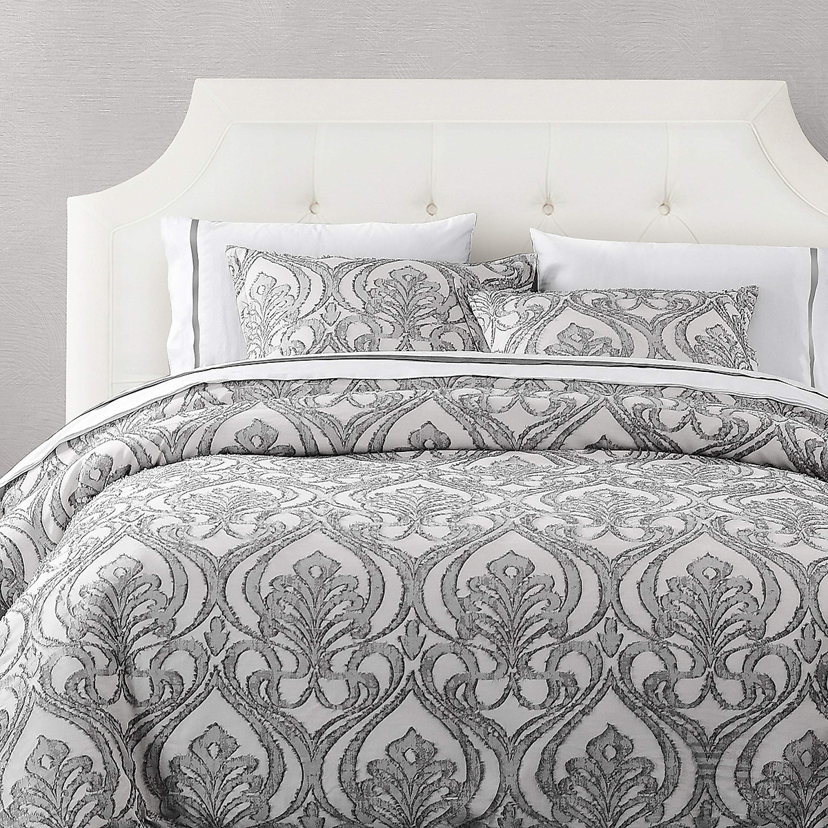 HiEnd Accents Nicole 3 Piece Duvet Set with Pillow Shams, Super King Size, Gray Damask Pattern, Traditional Romantic Shabby Chic Style Luxury Bedding Set, 1 Duvet and 2 Pillowcases