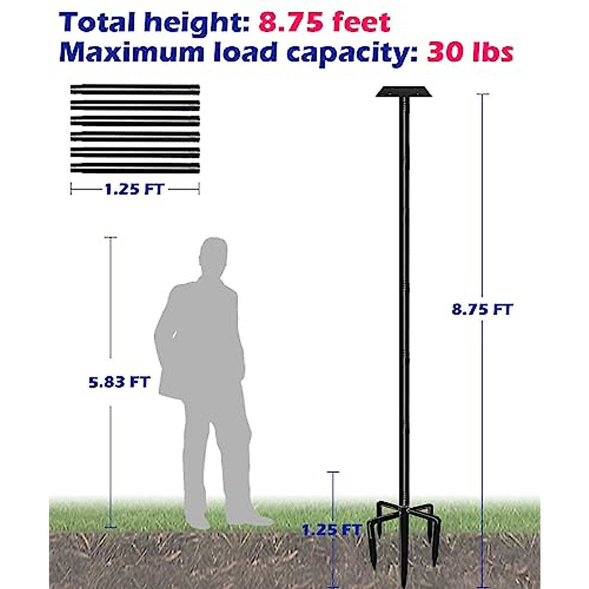 Garbuildman 105 Inch Bird Feeder Pole Kit, Heavy Duty Bird House Pole Set with 5-Forked Base, Adjustable Universal Mounting Post Kit for Outdoors, Matte Black, 1 Pack