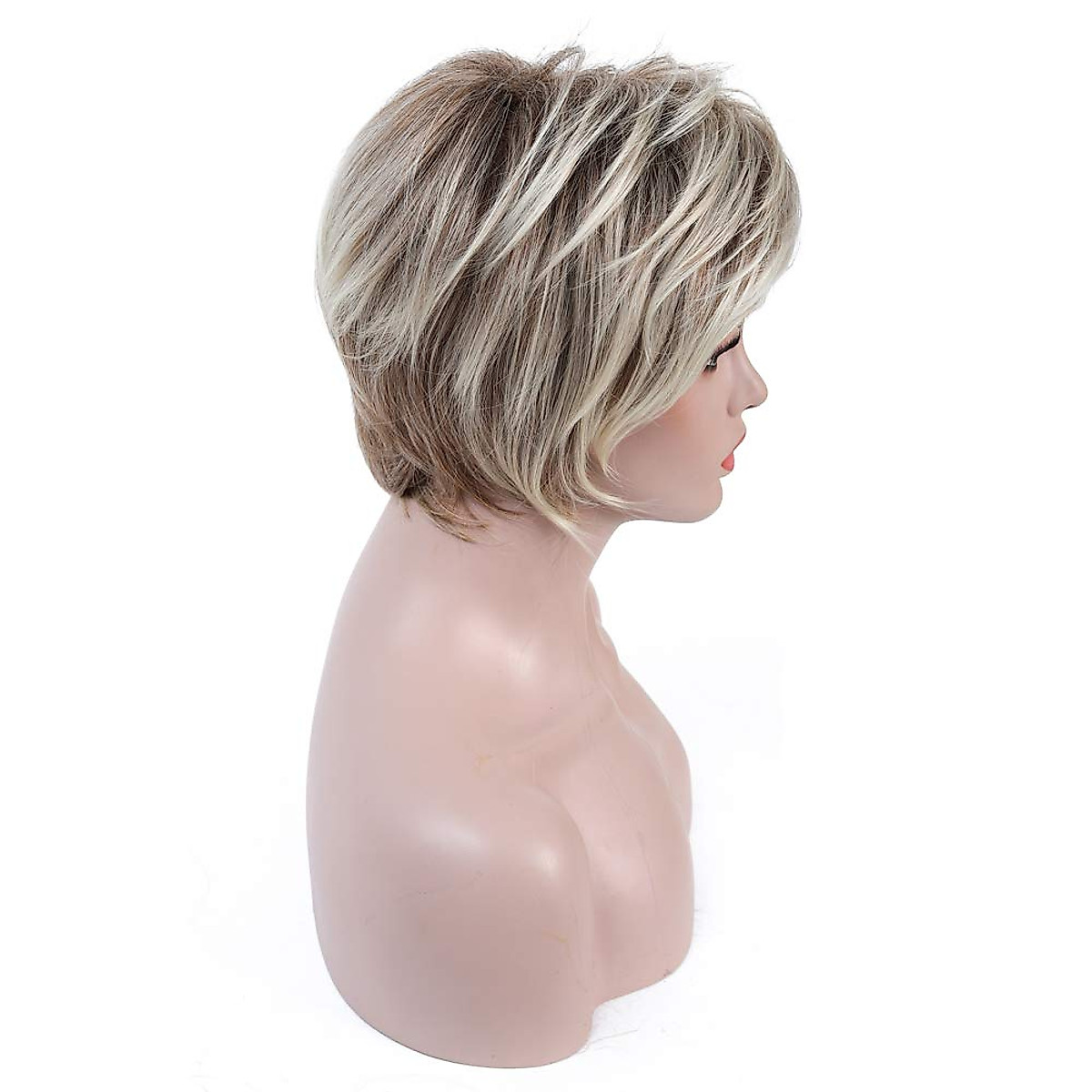 Junbeauty Brown Mixed Blonde Short Layer Nature Curly with Bangs Synthetic Wig Heat Resistant Weave Full Wigs for Women