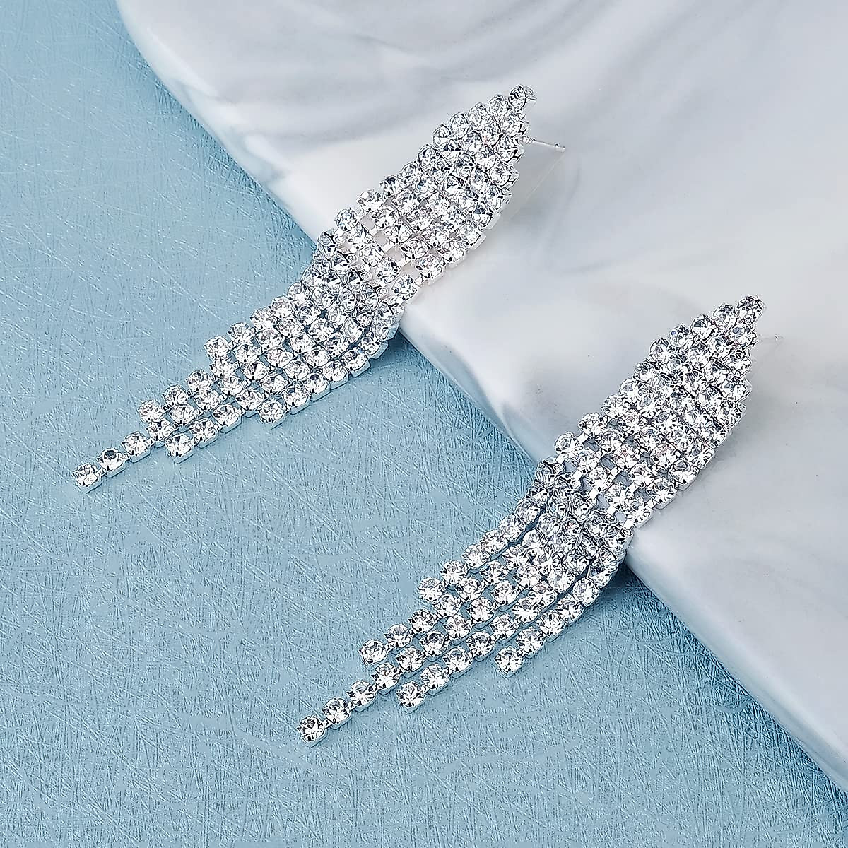 Mlouye Silver Tone Clear Rhinestone Chandelier Dangle Earrings for Women, Triangle Dangling Fringe Crystals Pierced Earring for Prom Party Jewelry