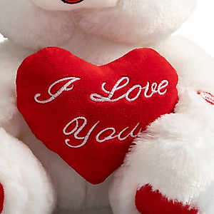 HollyHOME Teddy Bear with Heart Plush Bear That Says I Love You and Blushes LED Stuffed Toys for Girlfriend and Kids Valentine's Day 13 inch White