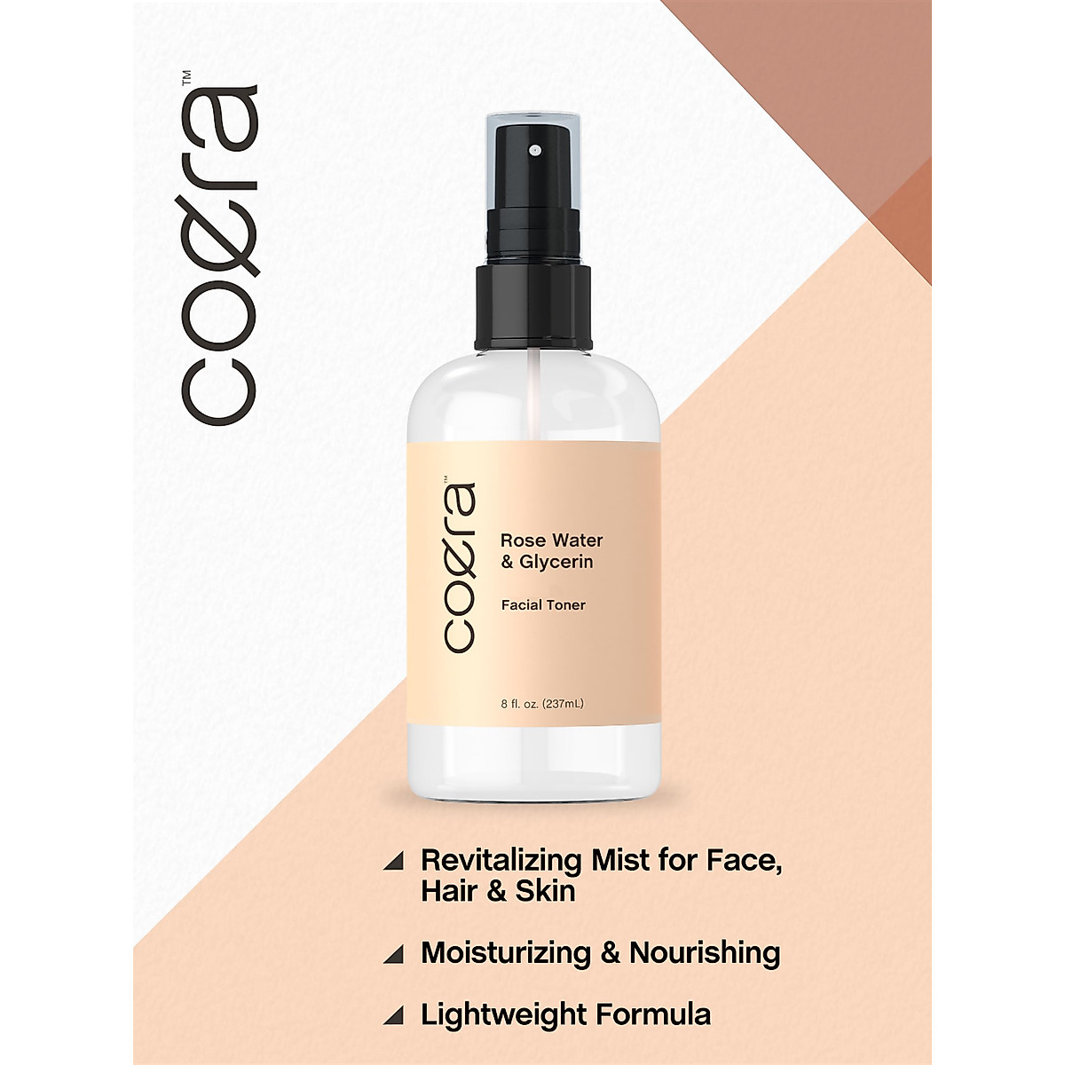 Coera Rose Water & Glycerin Spray for Face | 8 fl oz | Hydrating Facial Toner and Moisturizing Mist for Skin and Hair | Free of Parabens, SLS, & Preservatives | Packaging May Vary