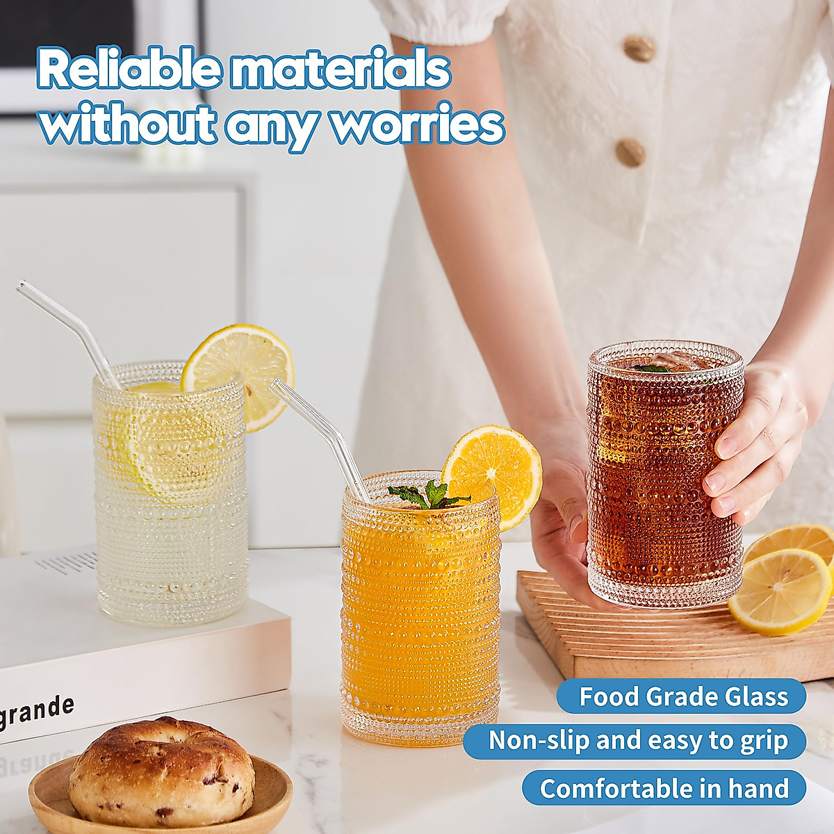 15 oz Clear Hobnail Drinking Glasses with Straws Set of 6, Vintage Glassware Old Fashioned Beverage Glasses, Cocktail Drinking Glassware Set, Kitchen Water Glasses Cup, for Beer, Smoothie, Juice