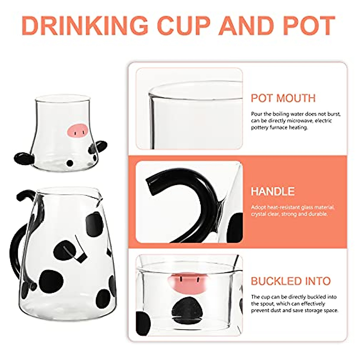 1 Set Glass Carafe Pitcher with Glass Mug Cute Cow Glass Tea Pitcher Kettle Milk Jug Night Water Carafe for Midnight Drink Home Office Hotel 550ml