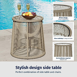 EAST OAK 3-Piece Patio Bistro Set, Patio Conversation Bistro Set with 2 Wide Ergonomic Chairs, Cushions & Glass Top Side Table, Outdoor All-Weather Wicker Furniture for Porch, Backyard, Brown & Grey