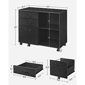VASAGLE Lateral File Cabinet, Home Office Printer Stand, 3-Drawer Mobile Filing Cabinet with Open Storage Shelves, for A4, Letter-Size Files, Black with Wood Grain UOFC041B56