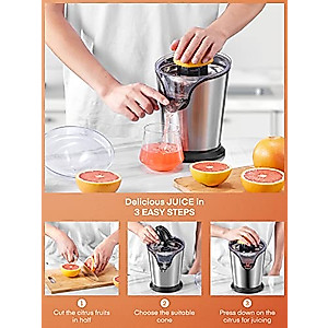 FOHERE Orange Juice Squeezer Electric Citrus Juicer with Two Interchangeable Cones Suitable for orange, lemon and Grapefruit, Brushed Stainless Steel