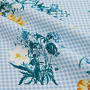Poplin Gingham Floral Blue/White, Fabric by the Yard