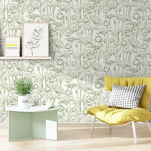 Vinjiasin Peel and Stick Wallpaper Green Floral Wallpaper Removable Wallpaper Self Adhesive Flower Leaf Contact Paper Lotus Wall Paper for Bedroom Bathroom Wallpaper Wall Covering 17.32"x 78.7"