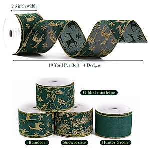 UNIQOOO 40 Yards 4 Rolls Seamless Green Christmas Wired Ribbon Set, 2.5 inch x 10yd. Satin Burlap Wired Edge Ribbon for Xmas Tree Décor, Gift Wrap Box, Bows, Wreath, Garland, Floral DIY Craft, Wedding